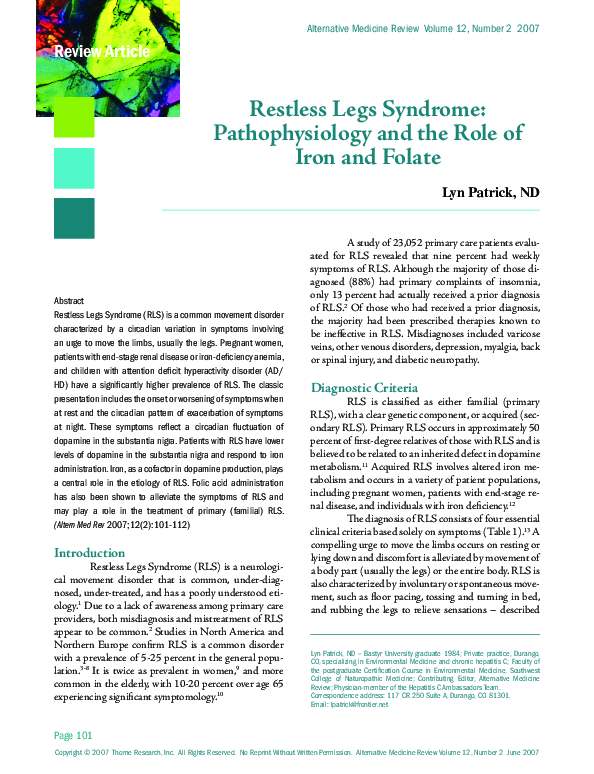 (PDF) Restless legs syndrome: pathophysiology and the role of iron and ...