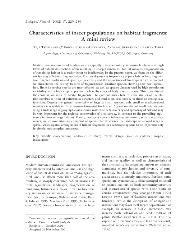 (PDF) Characteristics of insect populations on habitat fragments: A ...