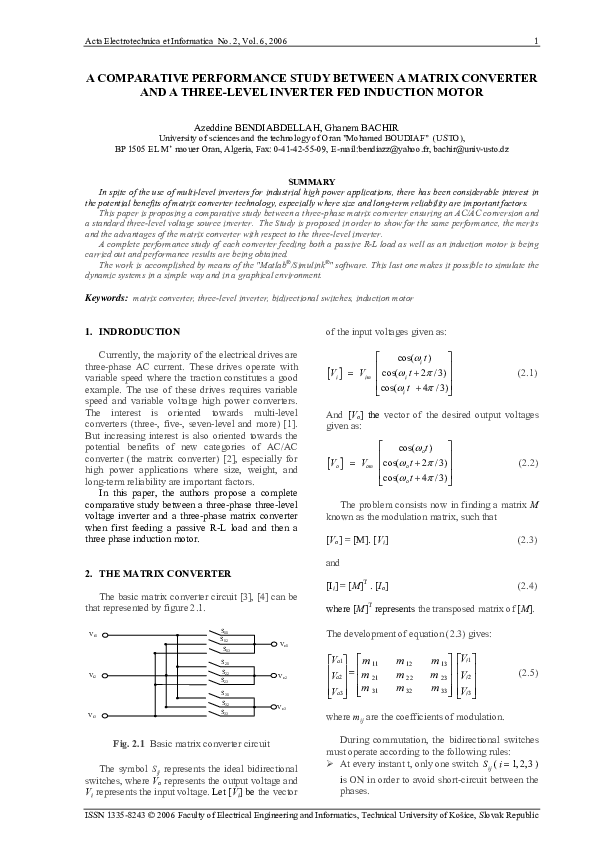 (PDF) A Comparative Performance Study between a Matrix Converter and a Three-Level Inverter Fed ...