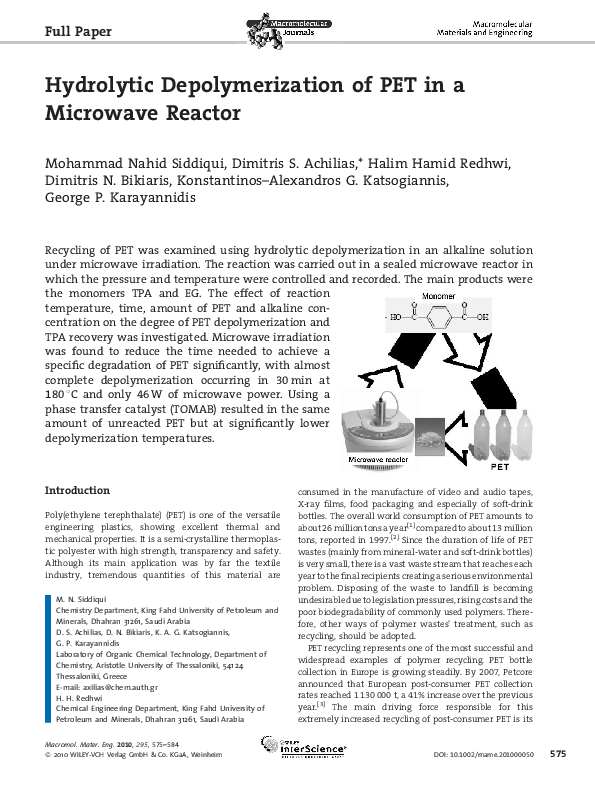 (PDF) Hydrolytic Depolymerization of PET in a Microwave Reactor
