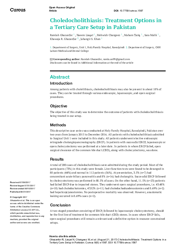 (PDF) Choledocholithiasis: Treatment Options in a Tertiary Care Setup in Pakistan