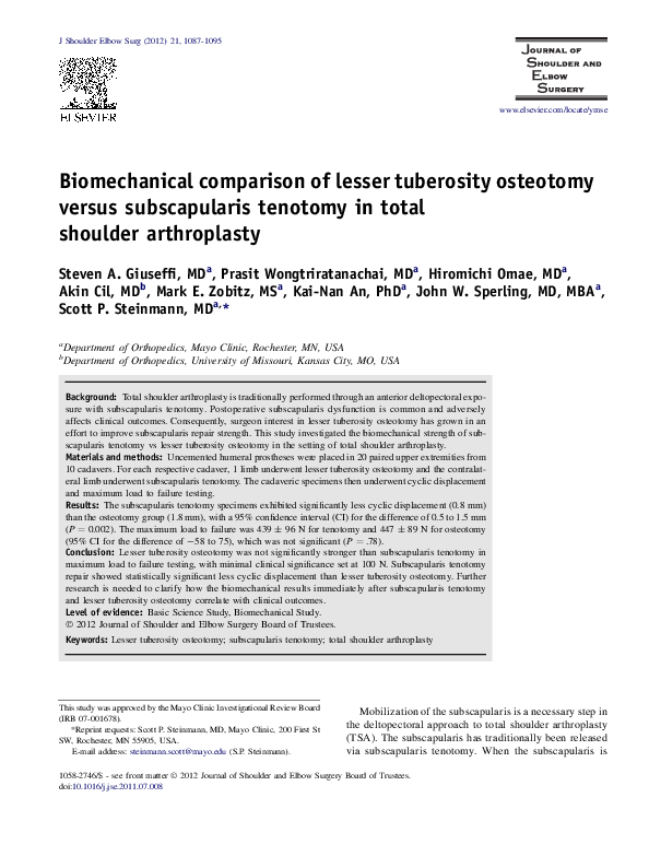 (PDF) Biomechanical comparison of lesser tuberosity osteotomy versus ...