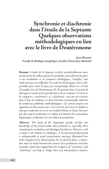 (PDF) Synchronie et diachronie dans l'étude de la Septante. Quelques ...