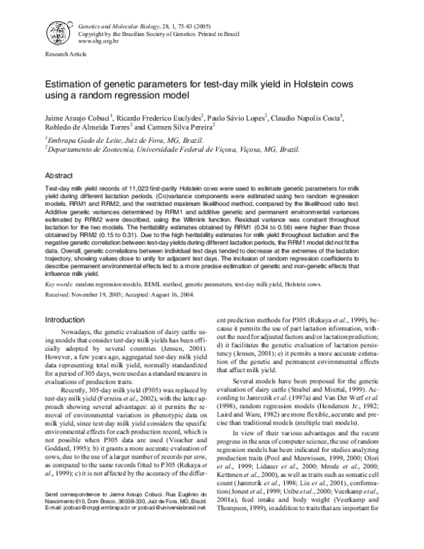 Pdf Estimation Of Genetic Parameters For Test Day Milk Yield In Holstein Cows Using A Random