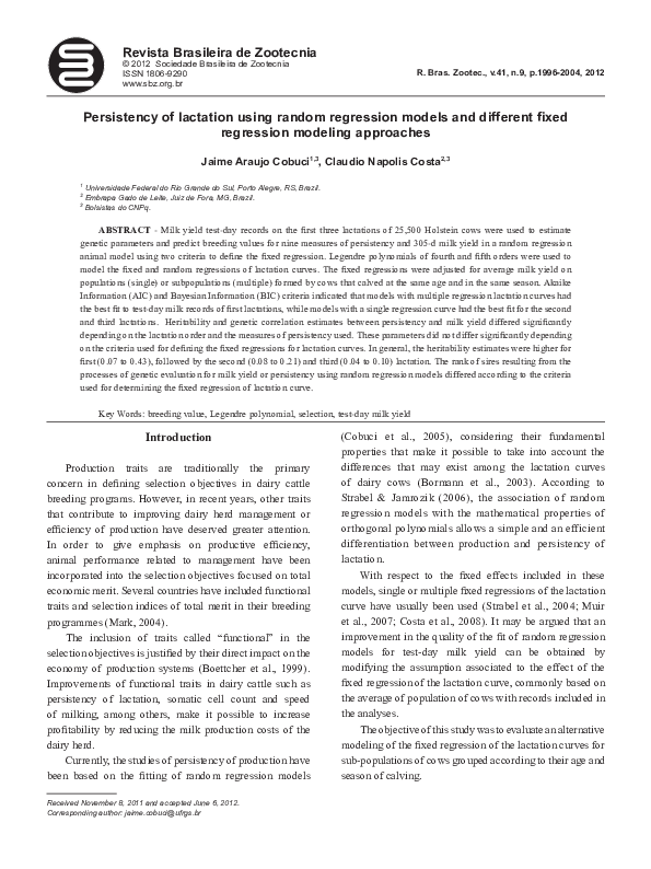 Pdf Persistency Of Lactation Using Random Regression Models And