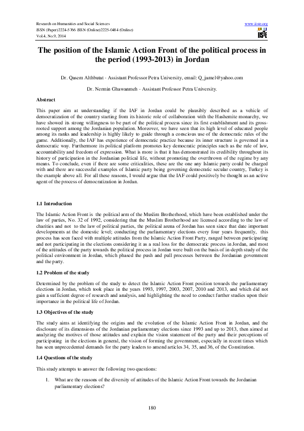 (PDF) The position of the Islamic Action Front of the political process ...