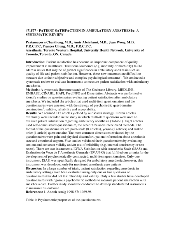 (PDF) Patient satisfaction in ambulatory anesthesia: A systematic review