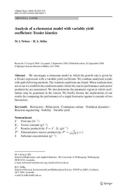 Pdf Analysis Of A Chemostat Model With Variable Yield Coefficient Tessier Kinetics
