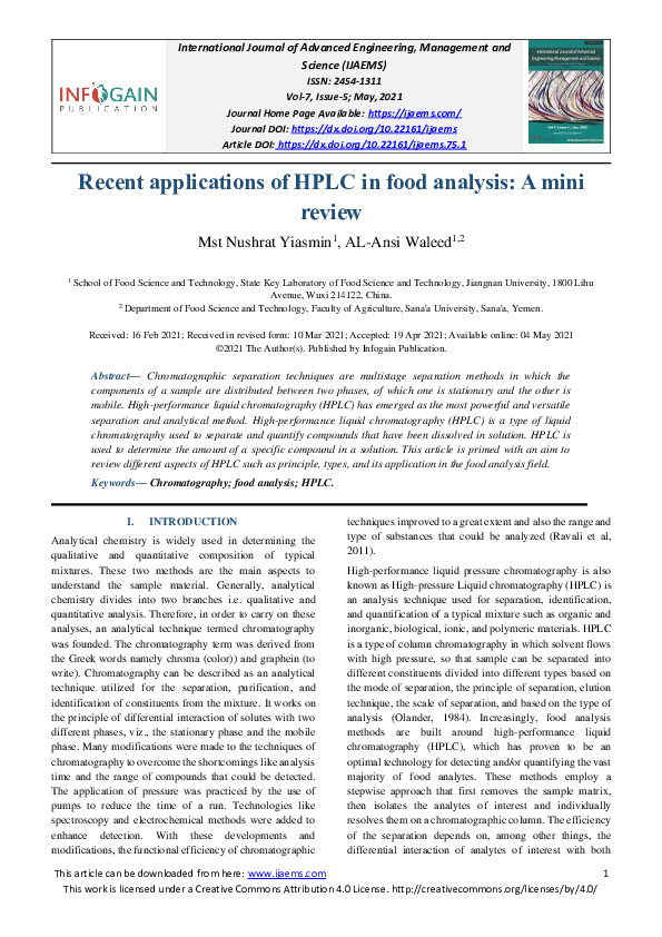 (PDF) Recent applications of HPLC in food analysis: A mini review