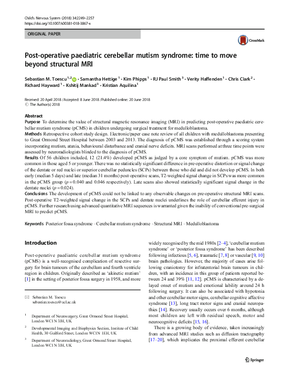 (PDF) Post-operative paediatric cerebellar mutism syndrome: time to ...