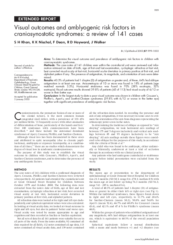 (PDF) Visual outcomes and amblyogenic risk factors in craniosynostotic ...