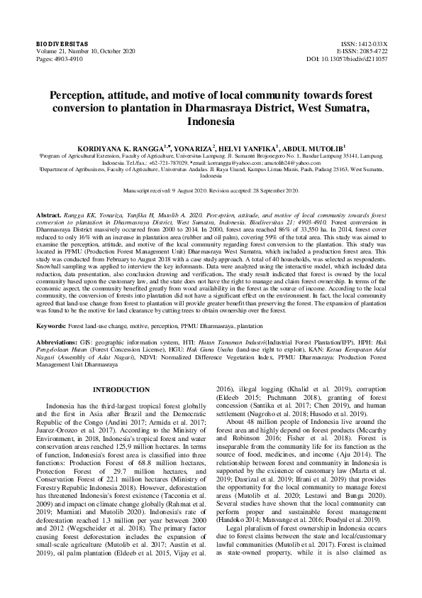 (PDF) Perception, attitude, and motive of local community towards forest conversion to ...