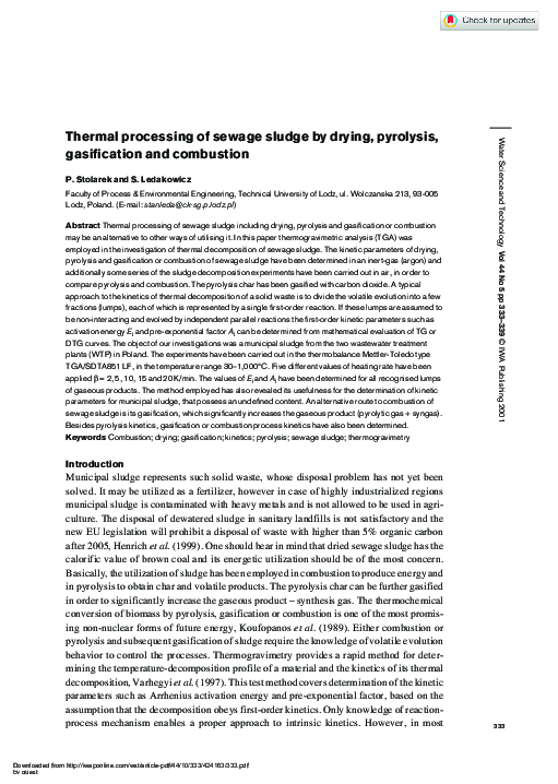 (PDF) Thermal processing of sewage sludge by drying, pyrolysis, gasification and combustion