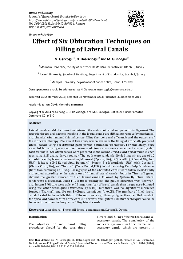 (PDF) Effect of Six Obturation Techniques on Filling of Lateral Canals