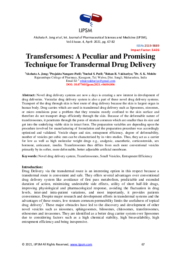 (PDF) Transfersomes: A Peculiar and Promising Technique for Transdermal ...