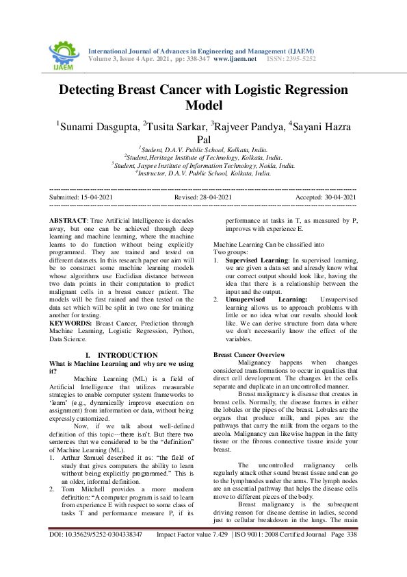(PDF) Detecting Breast Cancer with Logistic Regression Model