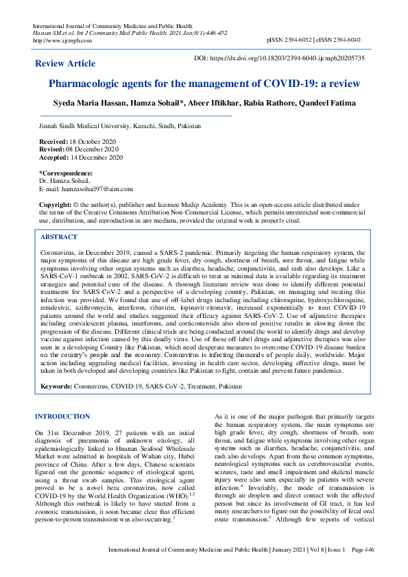 (PDF) Pharmacologic agents for the management of COVID-19: a review