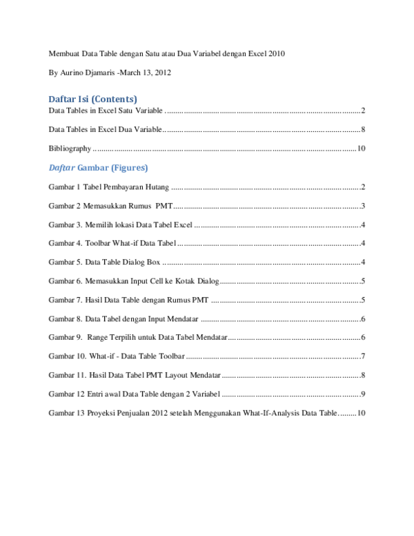 (PDF) Membuat Data Tabel dengan Satu atau Dua Variabel di Excel 2010