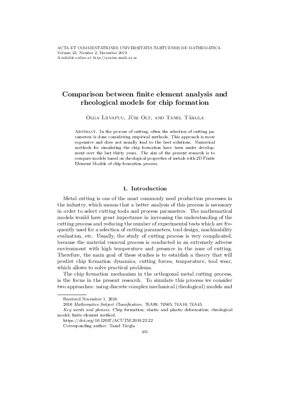 Pdf Comparison Between Finite Element Analysis And Rheological Models