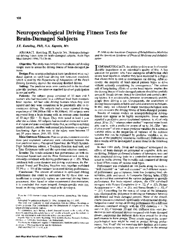 (PDF) Neuropsychological driving fitness tests for brain-damaged subjects