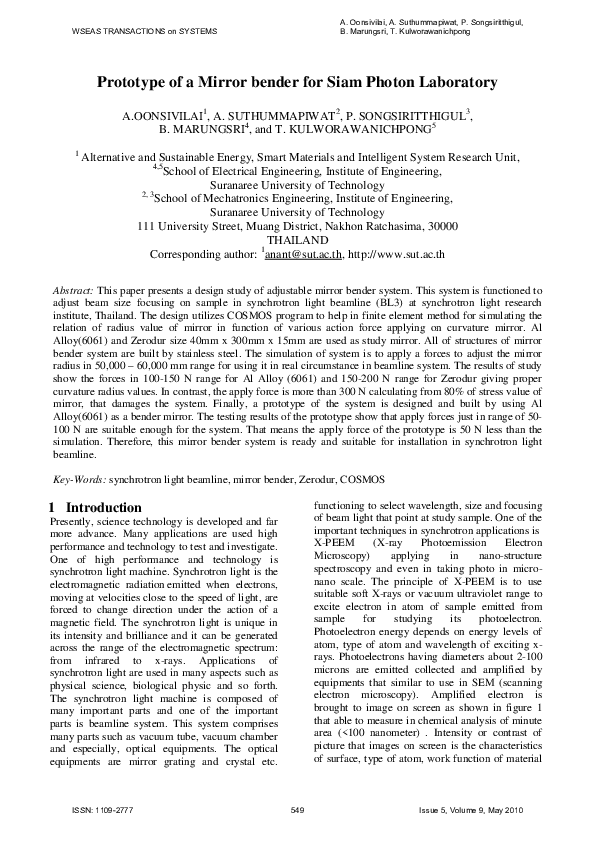(PDF) Prototype of a mirror bender for Siam photon laboratory