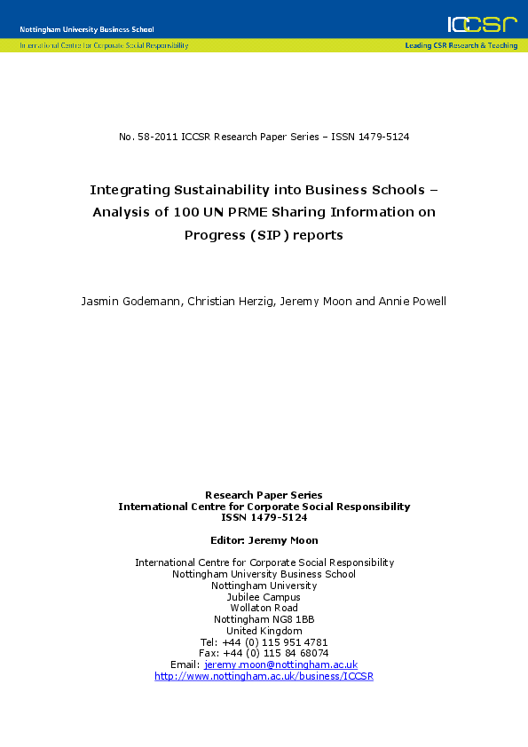 (PDF) Integrating Sustainability into Business Schools – Analysis of ...