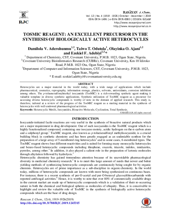 (PDF) Tosmic Reagent: An Excellent Precursor in the Synthesis of ...