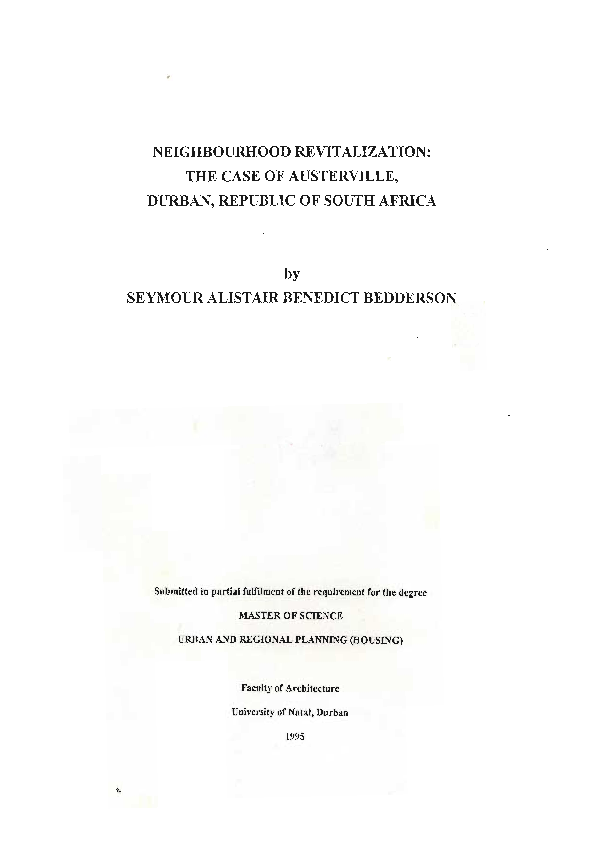 (PDF) Neighbourhood revitalization : the case of Austerville, Durban ...