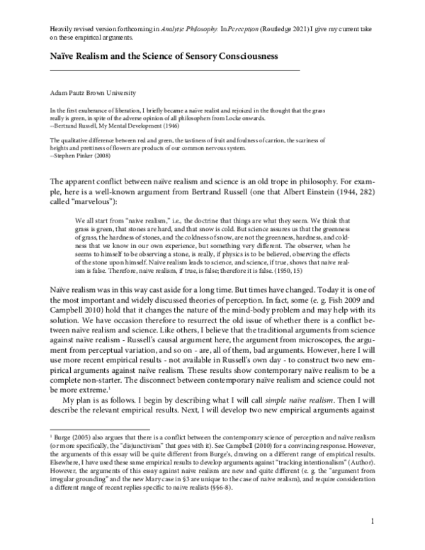 (PDF) Naïve Realism and the Science of Sensory Consciousness (revised ...