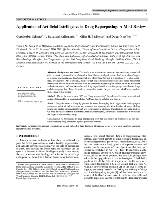 (PDF) Application of artificial intelligence in drug repurposing: a ...