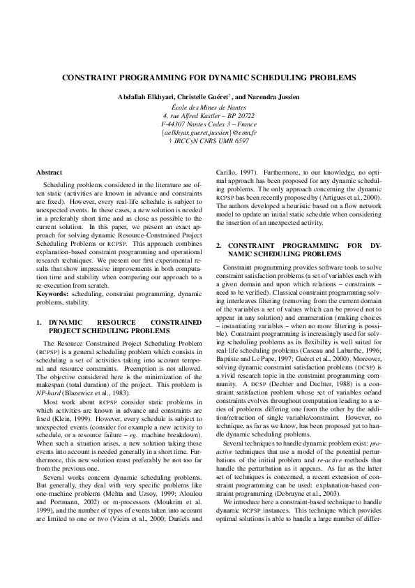 Pdf Constraint Programming For Dynamic Scheduling Problems