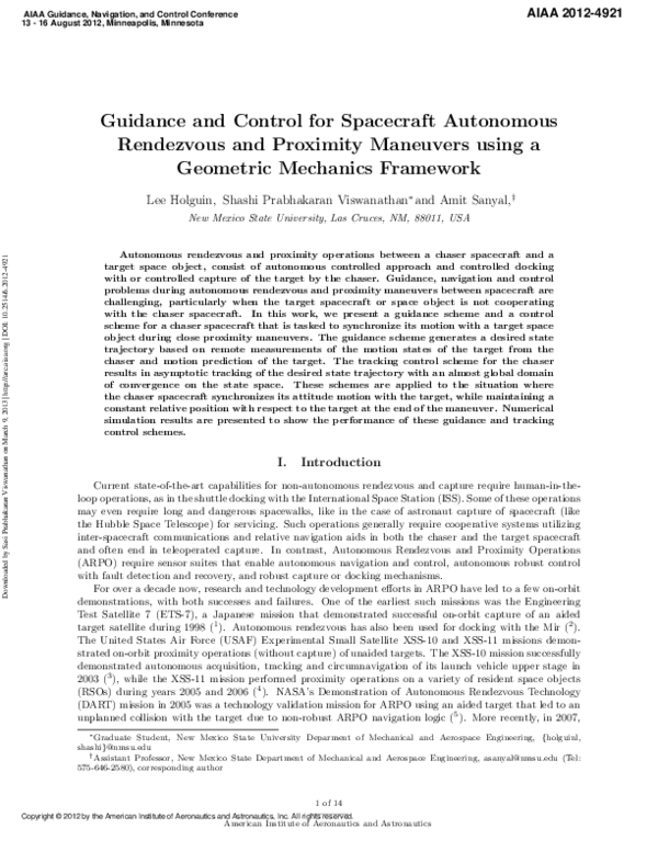 (PDF) Guidance and Control for Spacecraft Autonomous Rendezvous and Proximity Maneuvers using a ...
