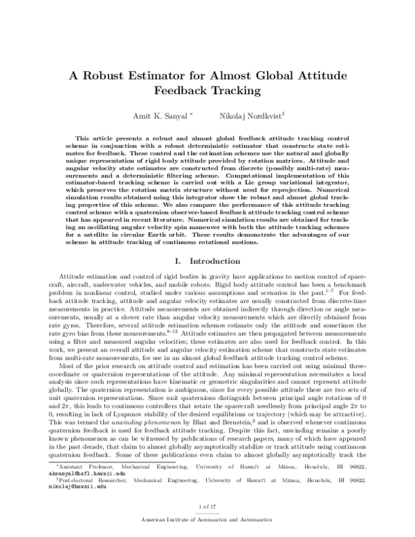 (PDF) A Robust Estimator for Almost Global Attitude Feedback Tracking