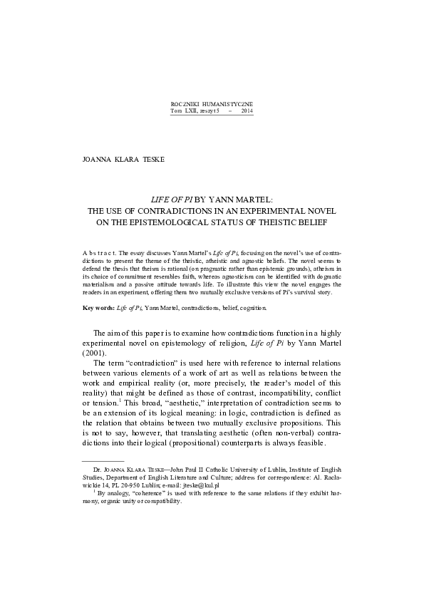 (PDF) Life of Pi by Yann Martel: The Use of Contradictions in an ...