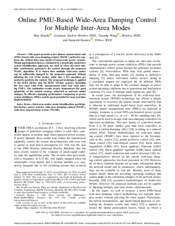 (PDF) Online PMU-Based Wide-Area Damping Control for Multiple Inter ...