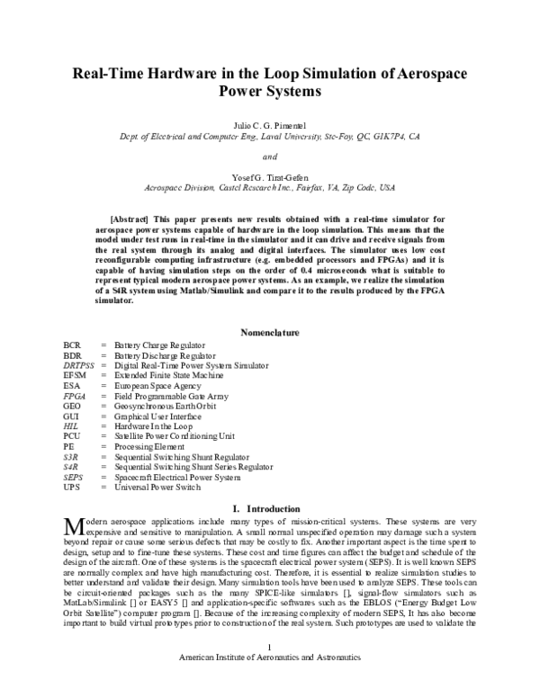 Pdf Real Time Hardware In The Loop Simulation Of Aerospace Power Systems Yosef Tirat Gefen