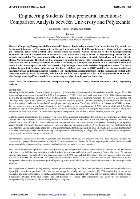 (PDF) Engineering Students' Entrepreneurial Intentions: Comparison ...