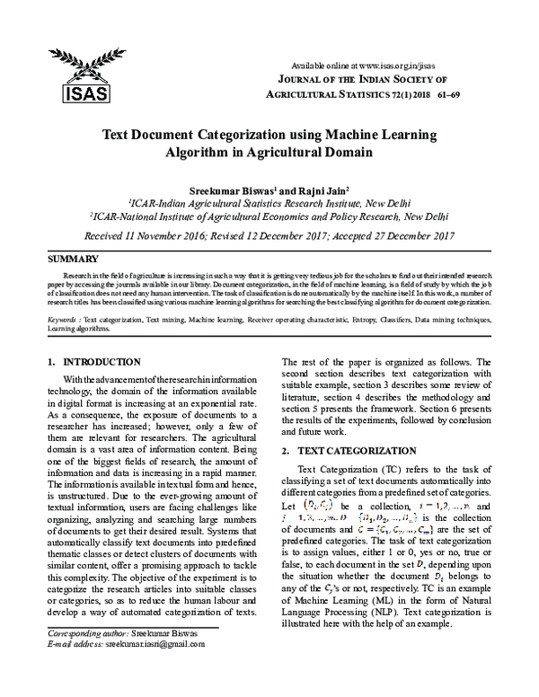 (PDF) Text Document Categorization using Machine Learning Algorithm in Agricultural Domain