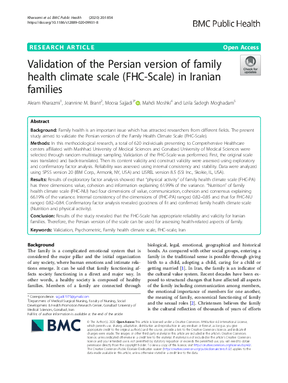 (PDF) Validation of the Persian version of family health climate scale ...