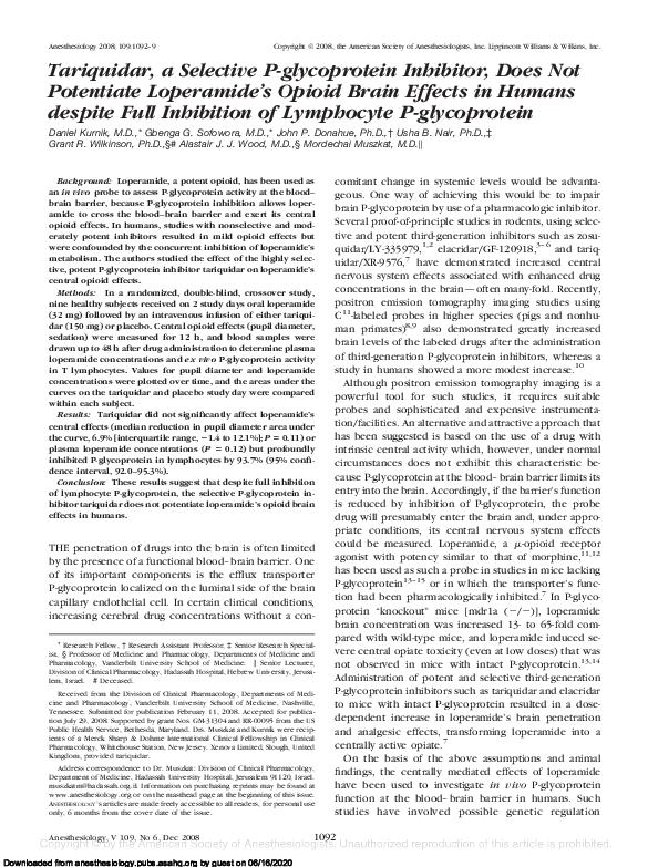 (PDF) Tariquidar, a Selective P-glycoprotein Inhibitor, Does Not ...