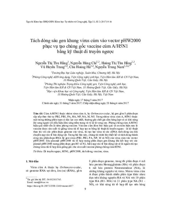 (PDF) Tách dòng sáu gen khung virus cúm A/H5N1 vào vector pHW2000 phục ...