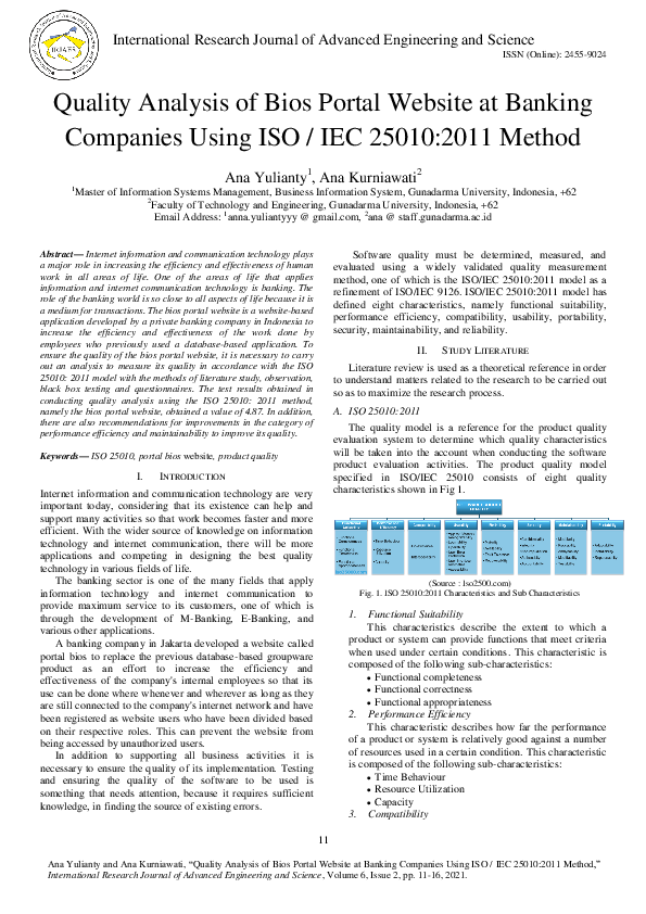 (PDF) Quality Analysis of Bios Portal Website at Banking Companies Using ISO / IEC 25010:2011 Method