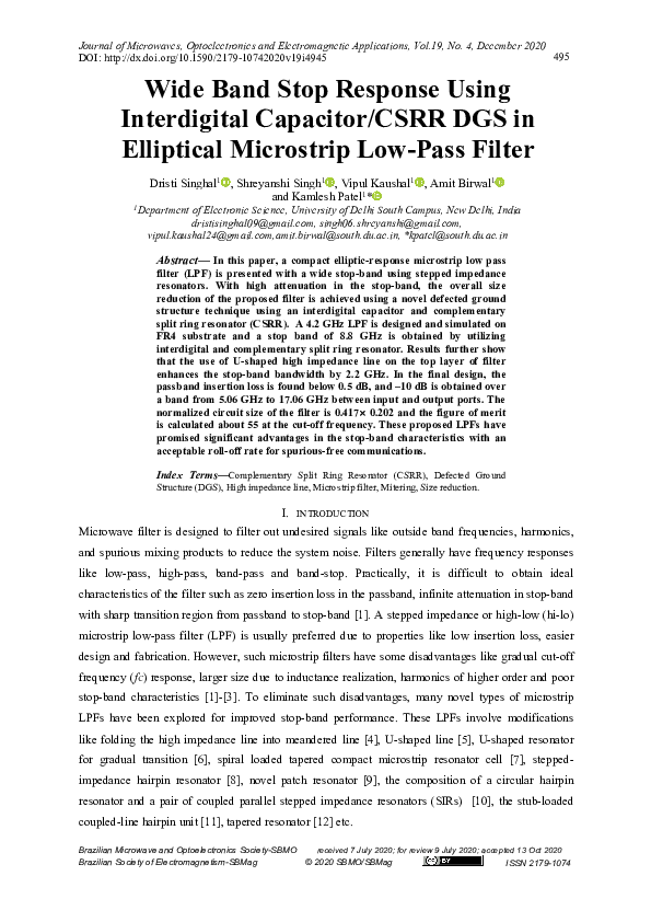 (PDF) Wide Band Stop Response Using Interdigital Capacitor/CSRR DGS in Elliptical Microstrip Low ...