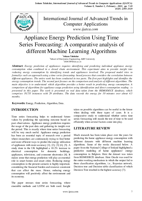 Pdf Appliance Energy Prediction Using Time Series Forecasting A