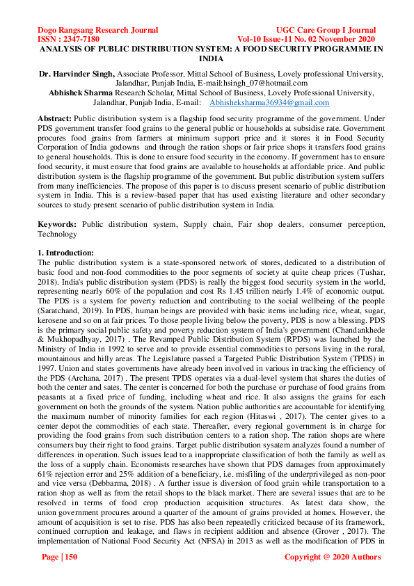 (PDF) ANALYSIS OF PUBLIC DISTRIBUTION SYSTEM: A FOOD SECURITY PROGRAMME ...