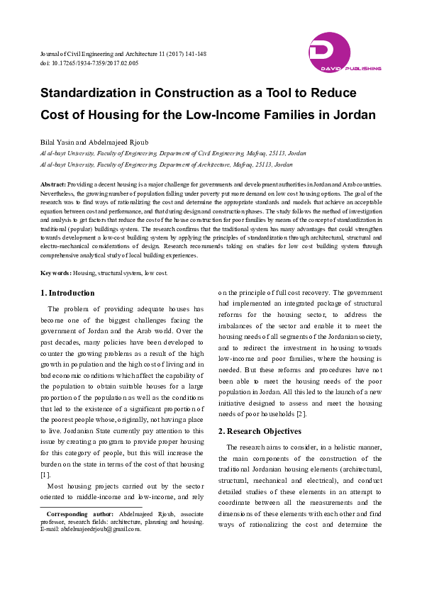 (PDF) Standardization in Construction as a Tool to Reduce Cost of ...