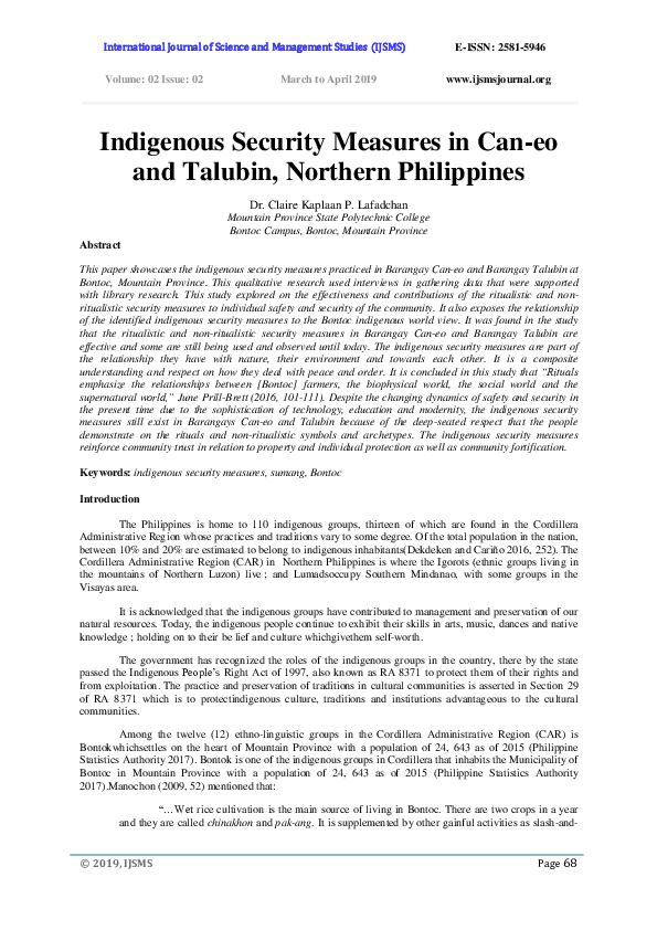 (PDF) Indigenous Security Measures in Can-eo and Talubin, Northern ...