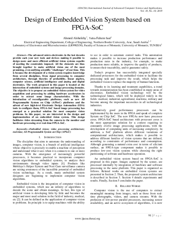 (PDF) Design of Embedded Vision System based on FPGA-SoC