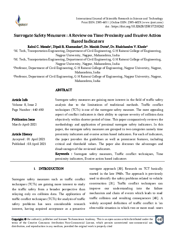 (PDF) Surrogate Safety Measures : A Review on Time Proximity and ...