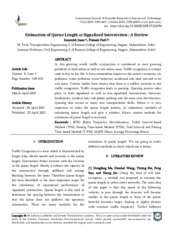 (PDF) Estimation of Queue Length at Signalized Intersection : A Review